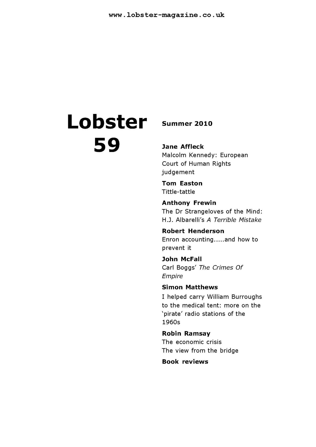Lobster Issue 59 (Summer 2010) - Lobster