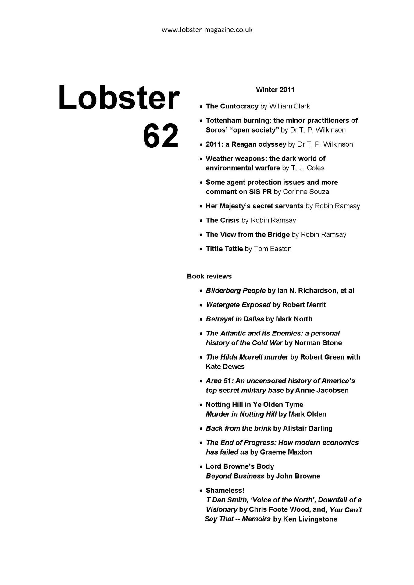 Lobster Issue 62 (Winter 2011) - Lobster