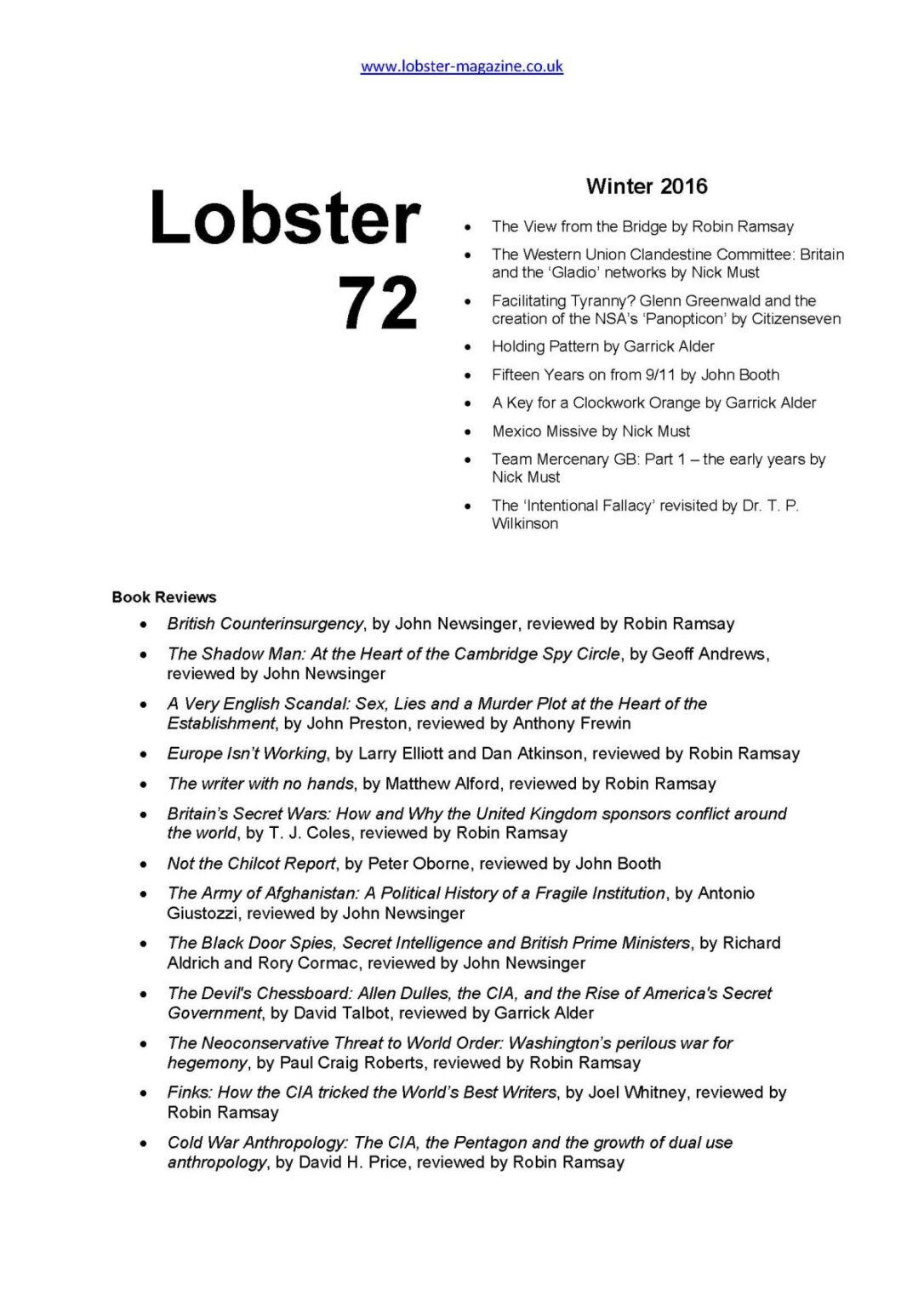Lobster Issue 72 (Winter 2016) - Lobster