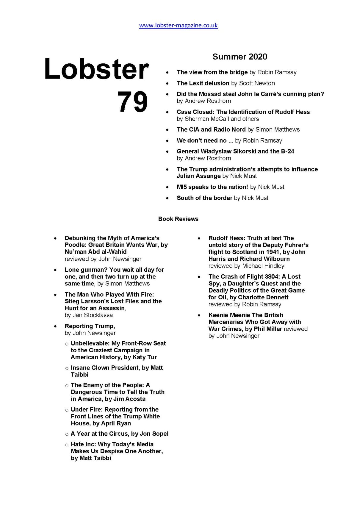 Lobster Issue 79 (Summer 2020) - Lobster